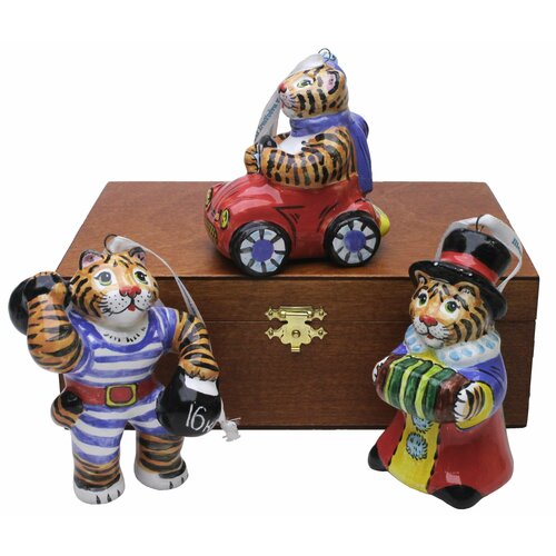 Цирковые тигры 3 штуки в деревянной коробке Набор керамических елочных игрушек украшений цветная коллекция