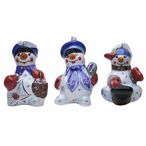Снеговики 3 штуки в картонной коробке Набор керамических елочных игрушек украшений цветная коллекция