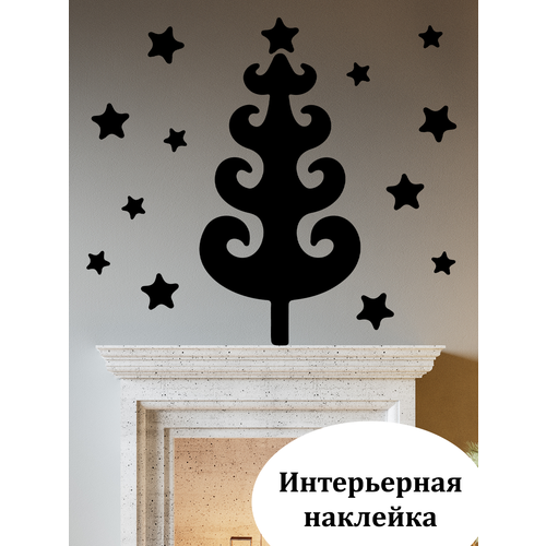 Наклейка 'Елка крючки' (Интерьерная наклейка на Новый год Елка, снежинки и звезды декор для праздника)