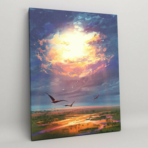 Картина на холсте (интерьерный постер) "Птицы летают в лучах солнца", с деревянным подрамником, размер 22x30 см