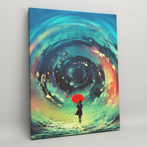 Картина на холсте (интерьерный постер) "Девочка с красным зонтиком вышла из портала", с деревянным подрамником, размер 45x60 см