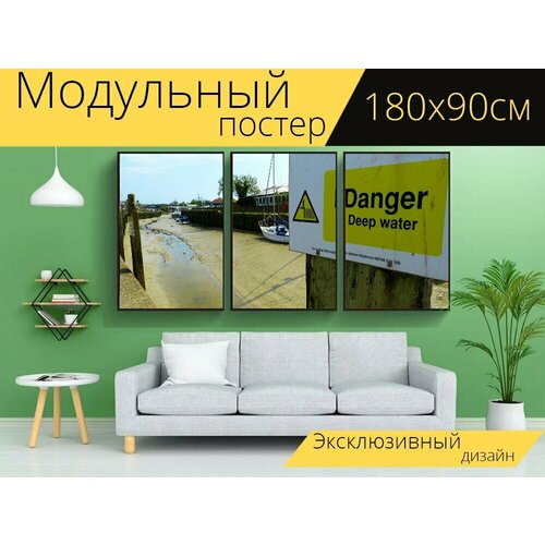 Модульный постер "Знак, предупреждение, опасность воды" 180 x 90 см. для интерьера