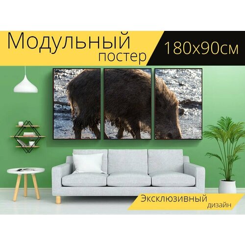 Модульный постер "Дикий, дикие кабаны, лес" 180 x 90 см. для интерьера