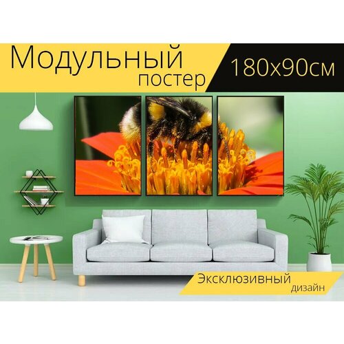 Модульный постер "Шмель, насекомое, опыление" 180 x 90 см. для интерьера