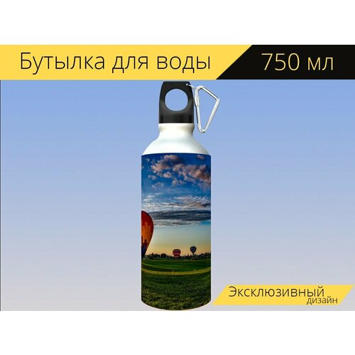 Бутылка фляга для воды "Воздушные шары, небо, облака" 750 мл. с карабином и принтом