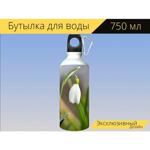 Бутылка фляга для воды "Подснежники, белые цветки, цветущий" 750 мл. с карабином и принтом