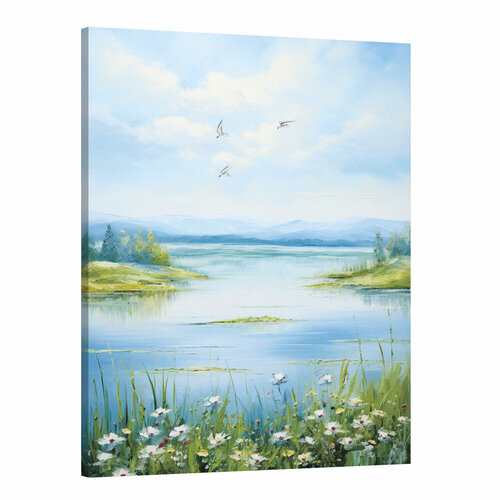Интерьерная картина 50х70 "Пейзаж с озером и чайками на песке"