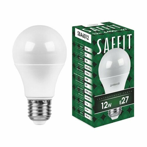 Лампа светодиодная SAFFIT SBA6012, A60, E27, 12 Вт, 230 В, 6400 К, 1100 Лм, 220°, 113х60 мм (комплект из 13 шт)