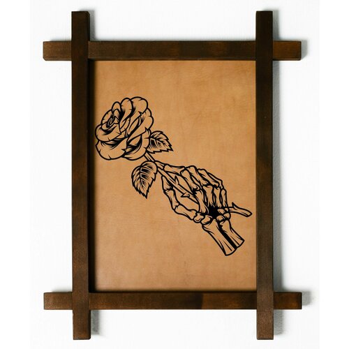 Картина Роза в руке скелета, гравировка на натуральной коже, интерьерная для украшения и декора на стену в деревянной раме, подарок, BoomGift