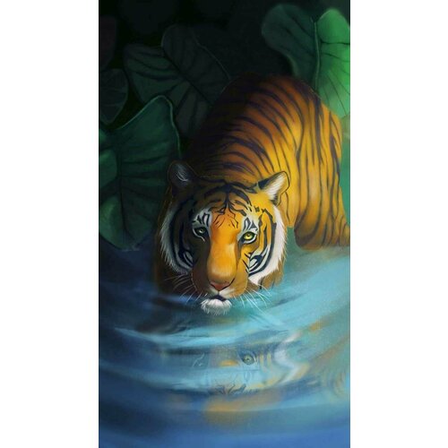 Картина на холсте 60x110 LinxOne "Тигр, озеро, арт, взгляд, вертикальный" интерьерная для дома / на стену / на кухню / с подрамником
