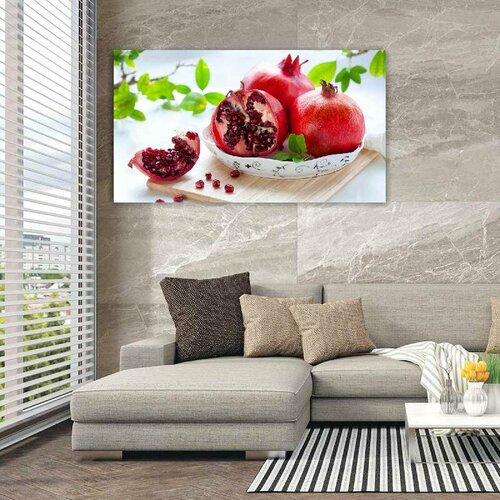 Картина на холсте 60x110 LinxOne "Доска зерна миска листья гранат" интерьерная для дома / на стену / на кухню / с подрамником