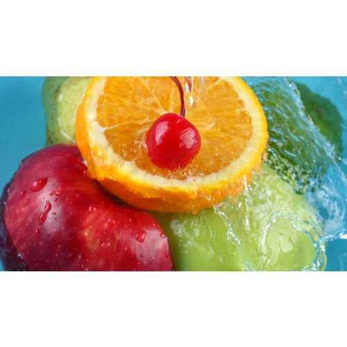 Картина на холсте 110x60 LinxOne "Апельсин брызги яблоко вода" интерьерная для дома / на стену / на кухню / с подрамником