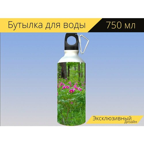 Бутылка фляга для воды "Цветы, пион, лиственничные леса" 750 мл. с карабином и принтом