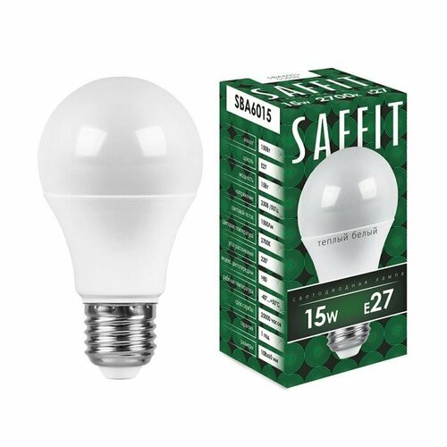 Лампа светодиодная SAFFIT SBA6015, A60, E27, 15 Вт, 230 В, 2700 К, 1500 Лм, 220°, 118х60 мм (комплект из 9 шт)