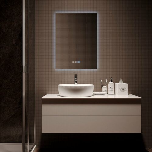 Зеркало для ванной Qwerty 80*40 прямоугольное вертикальное c часами и подогревом