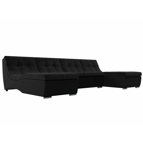 П-образный модульный диван Монреаль, Велюр черный, Экокожа черная