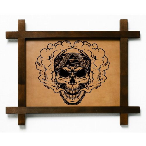 Картина Череп в бандане, гравировка на натуральной коже, интерьерная для украшения и декора на стену в деревянной раме, подарок, BoomGift