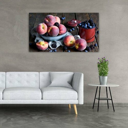 Картина на холсте 60x110 LinxOne "Персики ягоды ежевика черника" интерьерная для дома / на стену / на кухню / с подрамником