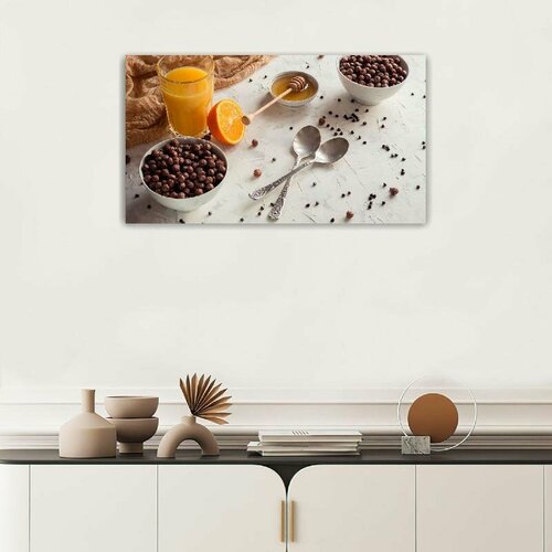 Картина на холсте 60x110 LinxOne "Шарики мед ложки завтрак сок" интерьерная для дома / на стену / на кухню / с подрамником
