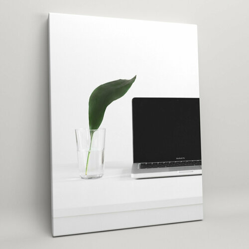 Картина на холсте (интерьерный постер) "Ноутбук и зеленый листок" минимализм, с деревянным подрамником, размер 30x40 см