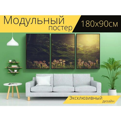 Модульный постер "Грибы, лес, мох" 180 x 90 см. для интерьера