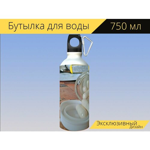 Бутылка фляга для воды "Таблетки, таблетки бутылка, бутылка" 750 мл. с карабином и принтом