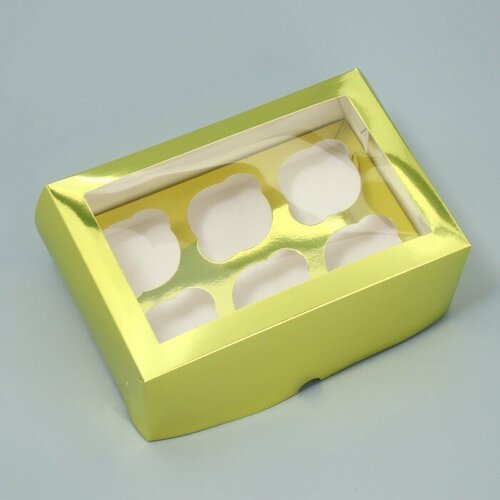 Дарите Счастье Коробка складная на 6 капкейков с окном «Золотистая», 25 х 17 х 10 см