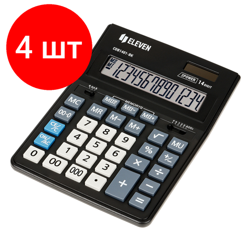 Комплект 4 шт, Калькулятор настольный Eleven Business Line CDB1401-BK, 14 разрядов, двойное питание, 155*205*35мм, черный