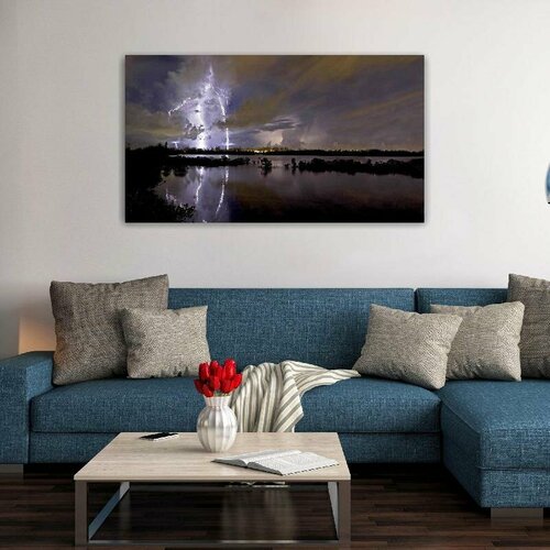 Картина на холсте 60x110 LinxOne "Вода Молния закат" интерьерная для дома / на стену / на кухню / с подрамником