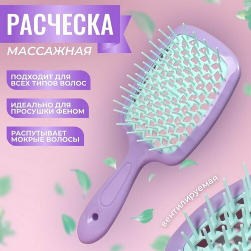 Расчёска массажная, широкая, вентилируемая, 8.5 x 20.5 см, PVC коробка, цвет сиреневый/бирюзовый