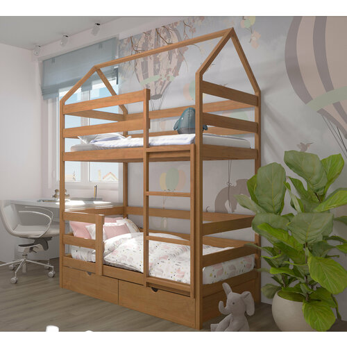 Кровать детская, подростковая "Двухъярусная-домик", спальное место 160х80, в комплекте с выкатными ящиками, масло "Орех", из массива