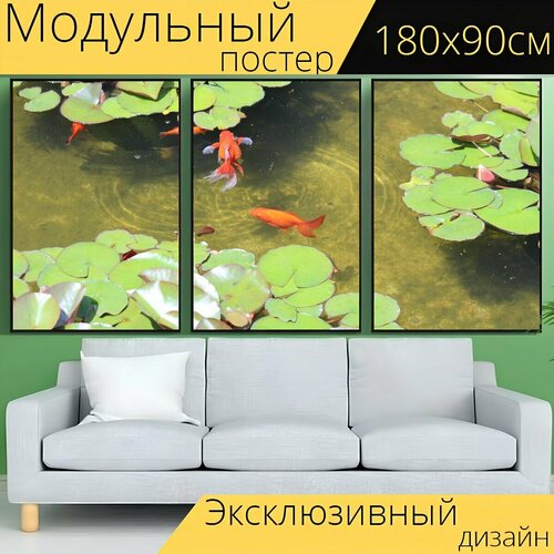 Модульный постер "Рыбы, золотые рыбки, красный" 180 x 90 см. для интерьера