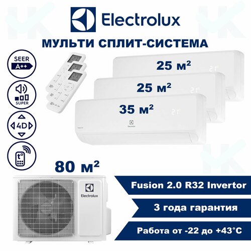 Инверторная мульти сплит-система ELECTROLUX серии Fusion 2.0 на 3 комнаты (25 м2 + 25 м2 + 35 м2) с наружным блоком 80 м2, Попеременная работа