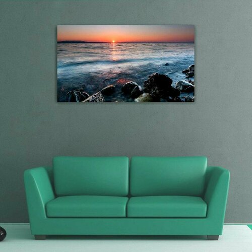 Картина на холсте 60x110 LinxOne "Солнце закат море камни" интерьерная для дома / на стену / на кухню / с подрамником
