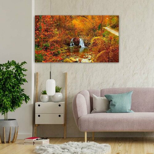 Картина на холсте 60x110 LinxOne "Осень водопад деревья речка" интерьерная для дома / на стену / на кухню / с подрамником