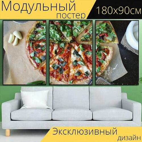 Модульный постер "Пицца, чеснок, разделочная доска" 180 x 90 см. для интерьера