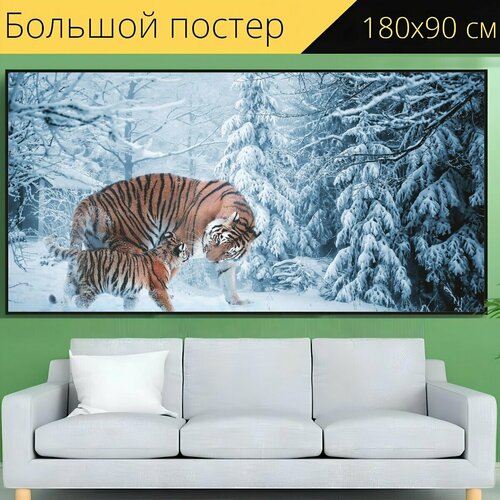 Большой постер "Тигры, детеныш, снег" 180 x 90 см. для интерьера