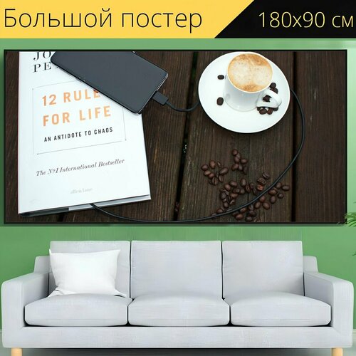 Большой постер "Правила для жизни, телефон, кофе" 180 x 90 см. для интерьера