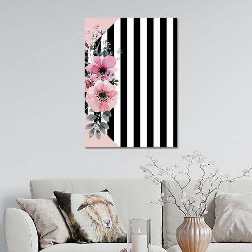 Картина интерьерная-Розовые маки чёрно-белые полосы плакат 50х70