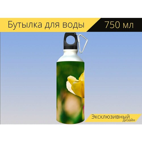 Бутылка фляга для воды "Тюльпан, желтый, цвести" 750 мл. с карабином и принтом