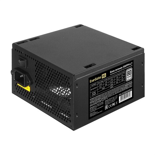 Блок питания 500W ExeGate 80 PLUS® 500PPH-LT-S-OEM (ATX, APFC, КПД 82% (80 PLUS)SC, 12cm fan, 24pin, (4+4)pin, PCIe, 5xSATA, 3xIDE, black, кабель 220V