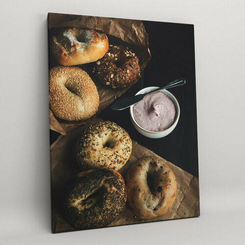 Картина на холсте (интерьерный постер) "Булочки с кунжутом" для кухни, кафе и ресторанов, с деревянным подрамником, размер 30x40 см