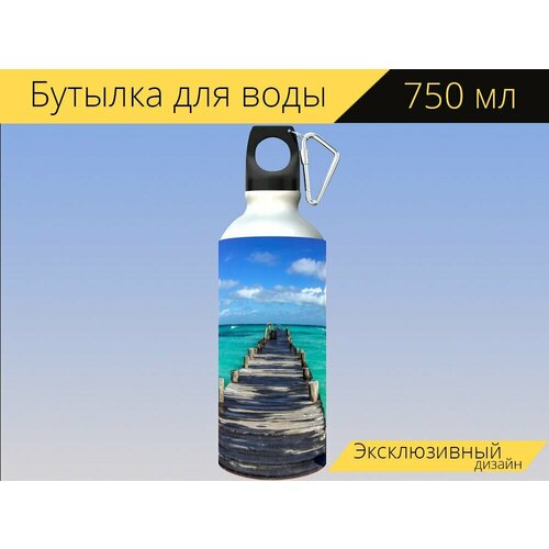 Бутылка фляга для воды "Мексика, пляж, океан" 750 мл. с карабином и принтом