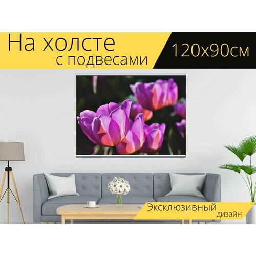 Картина на холсте "Тюльпан, поле тюльпанов, цвести" с подвесами 120х90 см. для интерьера