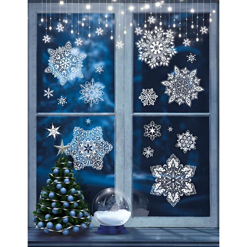 Новогодние наклейки на окна и стены "Снежинки кружевные", для декора на новый год, двусторонние, размер листа 30х41,5 см