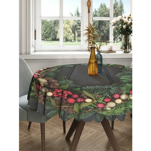 Скатерть круглая тканевая на стол JoyArty с рисунком "Рождественный венок на досках" 150 на 150 см