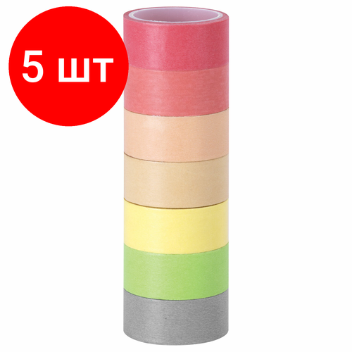 Комплект 5 шт, Клейкие WASHI-ленты для декора "пастель", 7 теплых цветов, 15 мм х 3 м, рисовая бумага, остров сокровищ, 661700