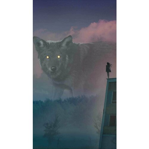 Картина на холсте 60x110 LinxOne "Волк, гигант, девушка, крыша, вертикальный" интерьерная для дома / на стену / на кухню / с подрамником