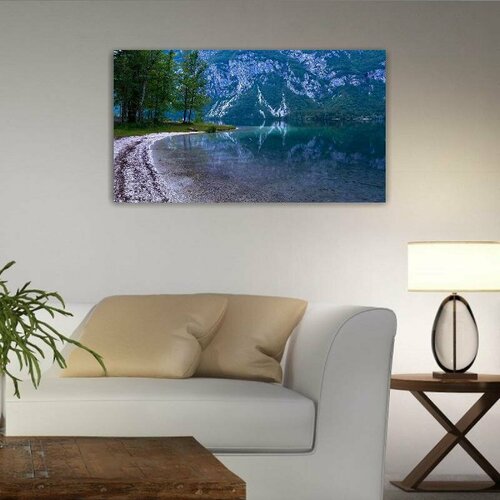 Картина на холсте 60x110 LinxOne "Озеро отражение пляж" интерьерная для дома / на стену / на кухню / с подрамником