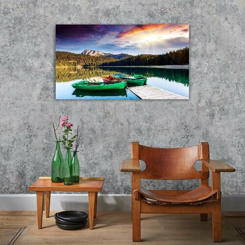 Картина на холсте 60x110 LinxOne "Горное озеро горы деревья" интерьерная для дома / на стену / на кухню / с подрамником